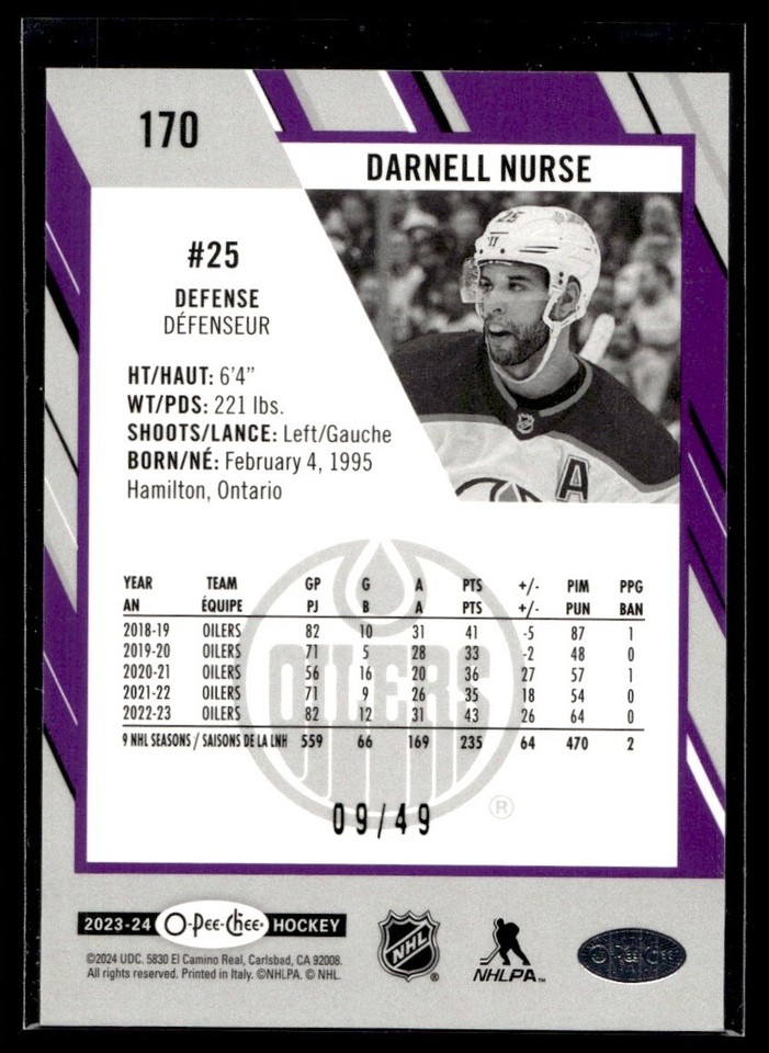 2023-24 O-Pee-Chee Purple Border Darnell Nurse 09/49 Edmonton Oilers ...