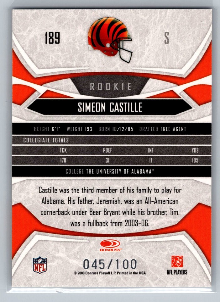 2008 Donruss Gridiron Gear #189 Simeon Castille Gold Holofoil X's 045/ ...