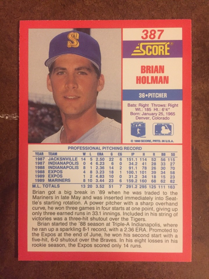 Brian Holman 387 Score 1990 MLB Baseball Trading Card | eBay