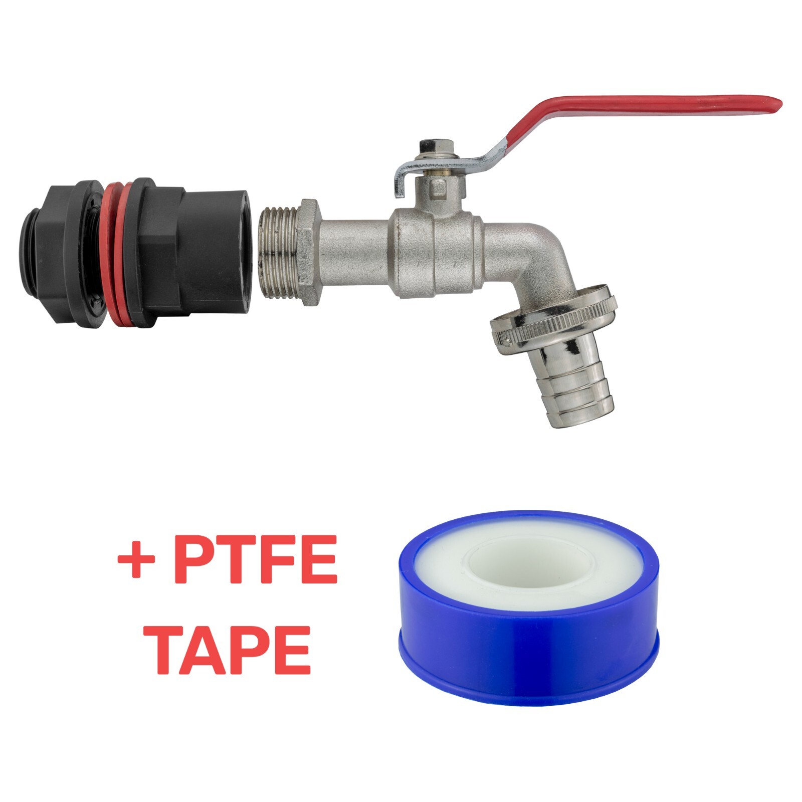 1/2” BSP Water Butt M-F & Lever Valve Barbed Connection Tap, PTFE tape ...