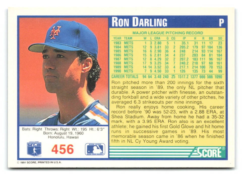 1991 Score Ron Darling #456 New York Mets BASEBALL Card | eBay