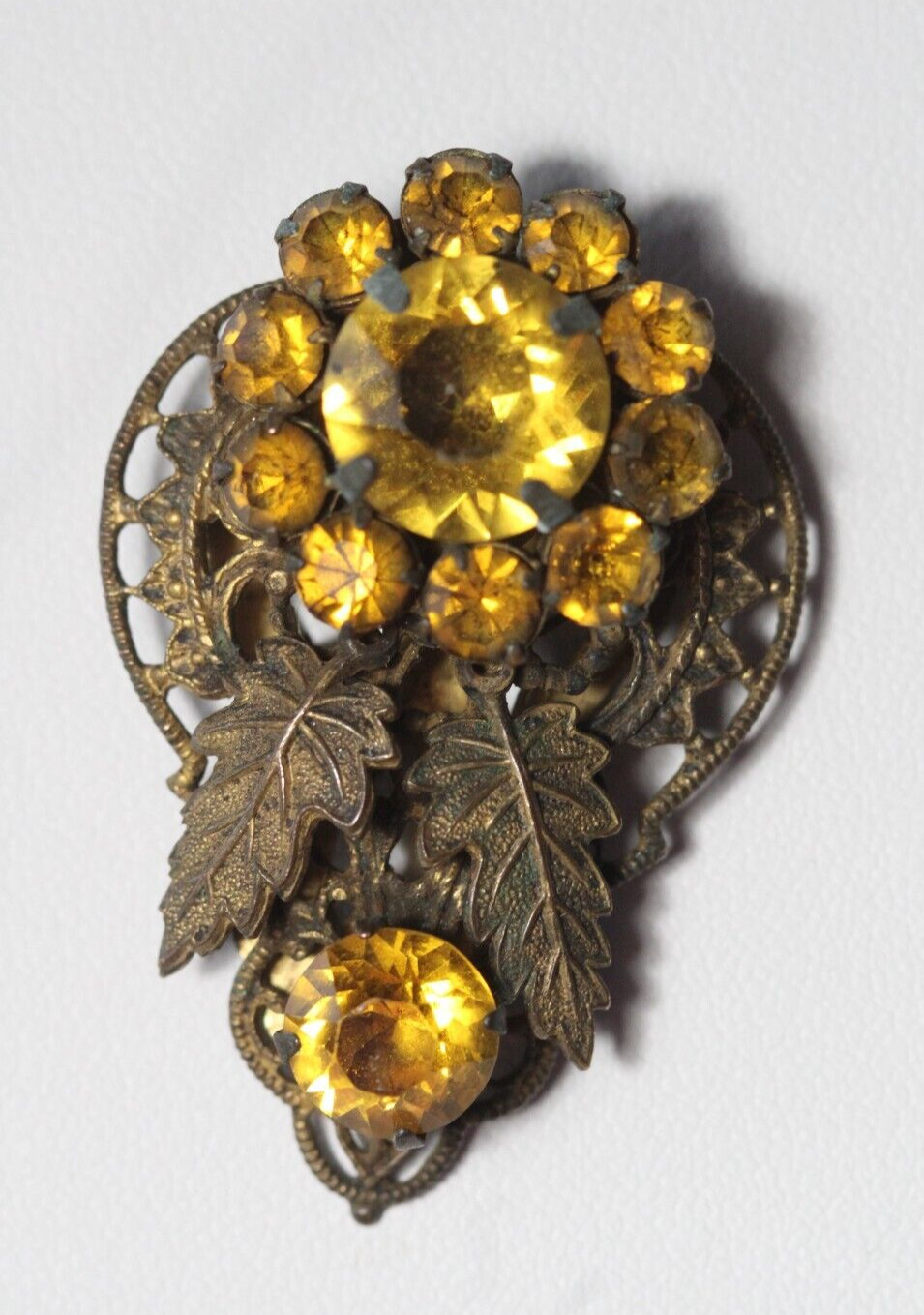 Antique Czech Golden Yellow Glass Brass Filigree Flow… - Gem