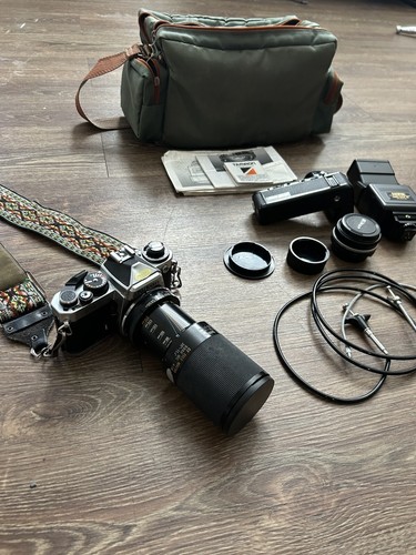 Nikon FE2 Silver Body Excellent Condition with Three Lenses & Titanium ...