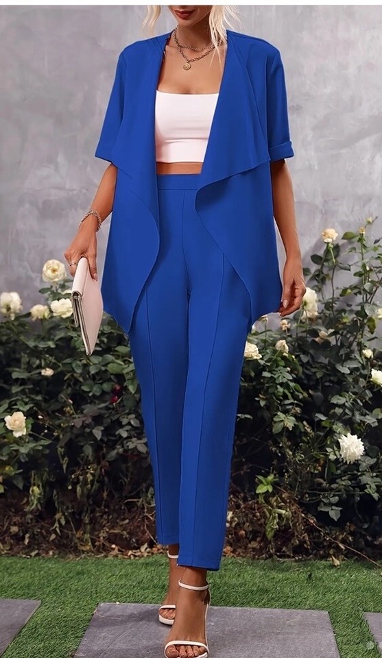 Temu Casual Blue Two Piece Set Short Sleeve Belted Top Taped Pants ...