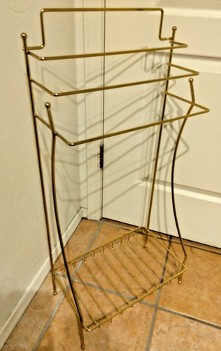 VINTAGE 60'S MCM GOLDTONE METAL WIRE BATHROOM FLOOR STAND TOWEL BAR ...