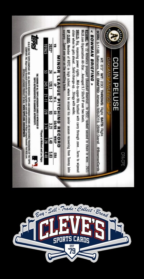 2023 BOWMAN CHROME COLIN PELUSE AUTO 168/299 SPECKLE REFRACTOR OAKLAND ...