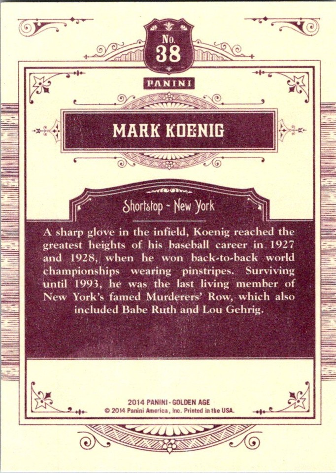2014 Panini Golden Age Mark Koenig #38 New York Yankees | eBay