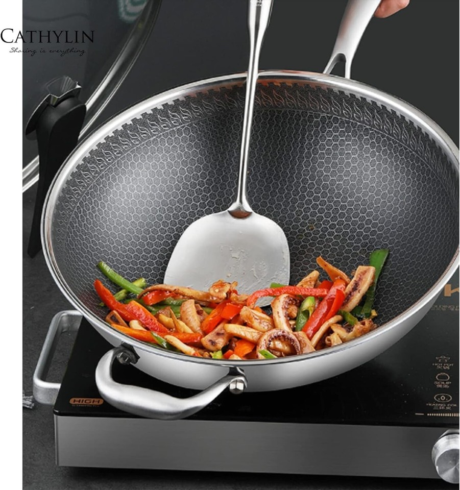 Wok Pan Stainless Steel Honeycomb Stir-fry with Lid 13 Inches, Silver ...