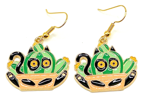 Adorable & Mischievous BLACK CAT in a Cactus Plant Enamel Dangle Drop ...