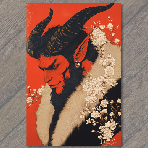Art Print Elegant Demon Horns Floral Robe Red Background Dark Surreal ...