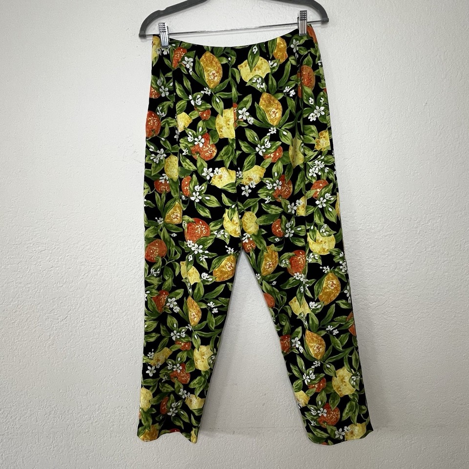 VTG Talbots Black Fruit Lemon Floral Straight Leg Ankle Pants Women’s ...