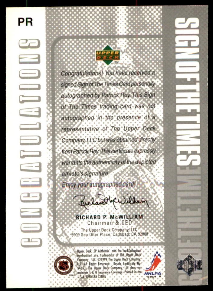 1998-99 SP AUTHENTIC SIGN OF THE TIMES PATRICK ROY AUTO COLORADO ...