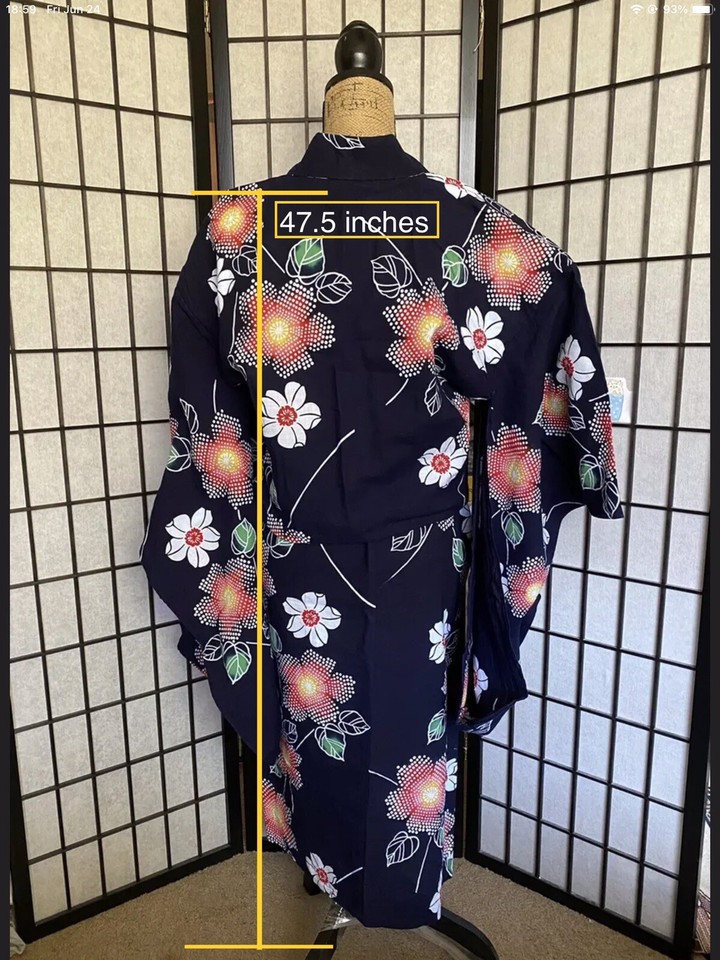 (S) Blue YUKATA Furisode Style Cotton kimono indigo Flower White Red ...