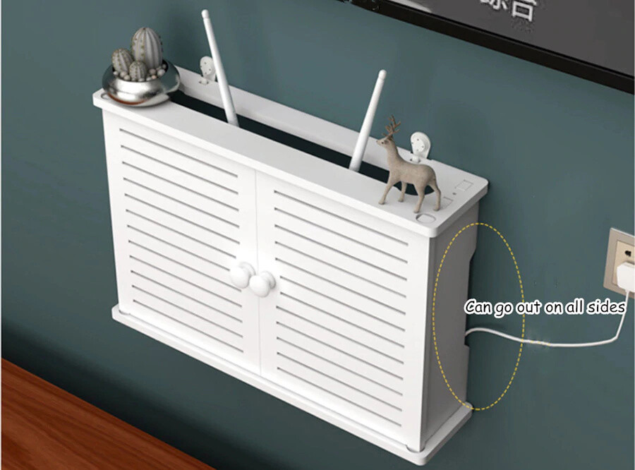 White Wood-Plastic Wifi Router Cover Storage Box Wall Mounted Shelf ...