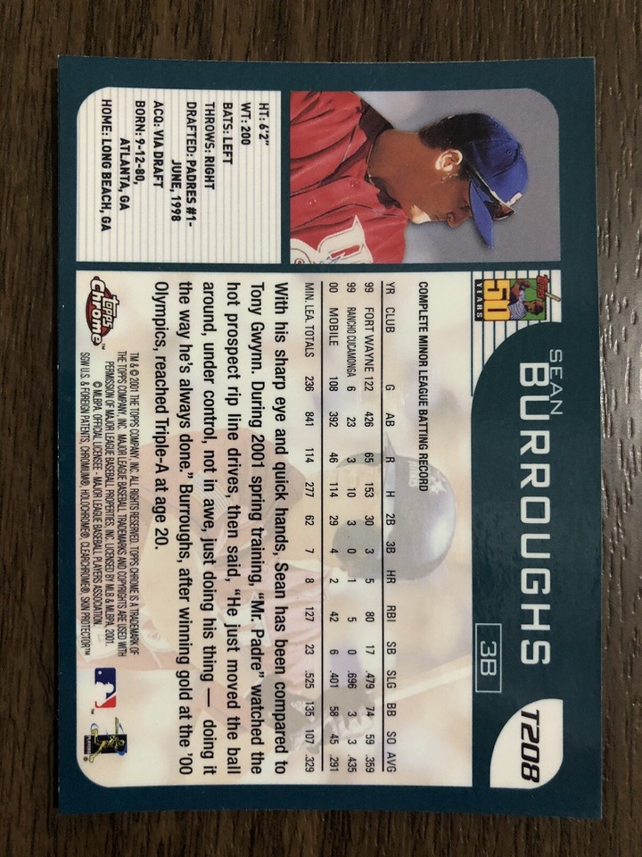 2001 Topps Chrome Traded #T208 Sean Burroughs Rookie Card SD Padres ...