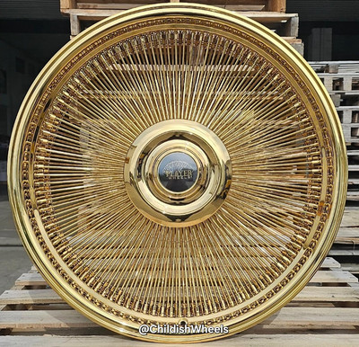 24" Inch All Gold 180 Spoke Wire Wheels XL Floating Caps Rims Spokes 26 ...