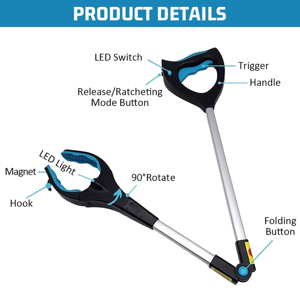 32" Foldable Grabber Reacher Tool Trash Pick Up Stick w/Rotating Jaw ...
