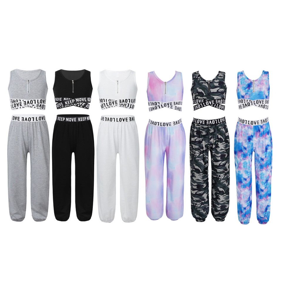 Kids Girls Crop Top Trousers Sets School Students Tracksuits Sportswear ...