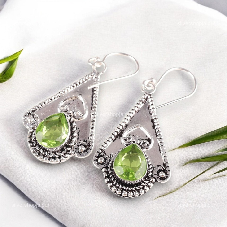 Pear Cut Peridot Stone Birthday Dangle Mother Earrings Jewelry 925 ...
