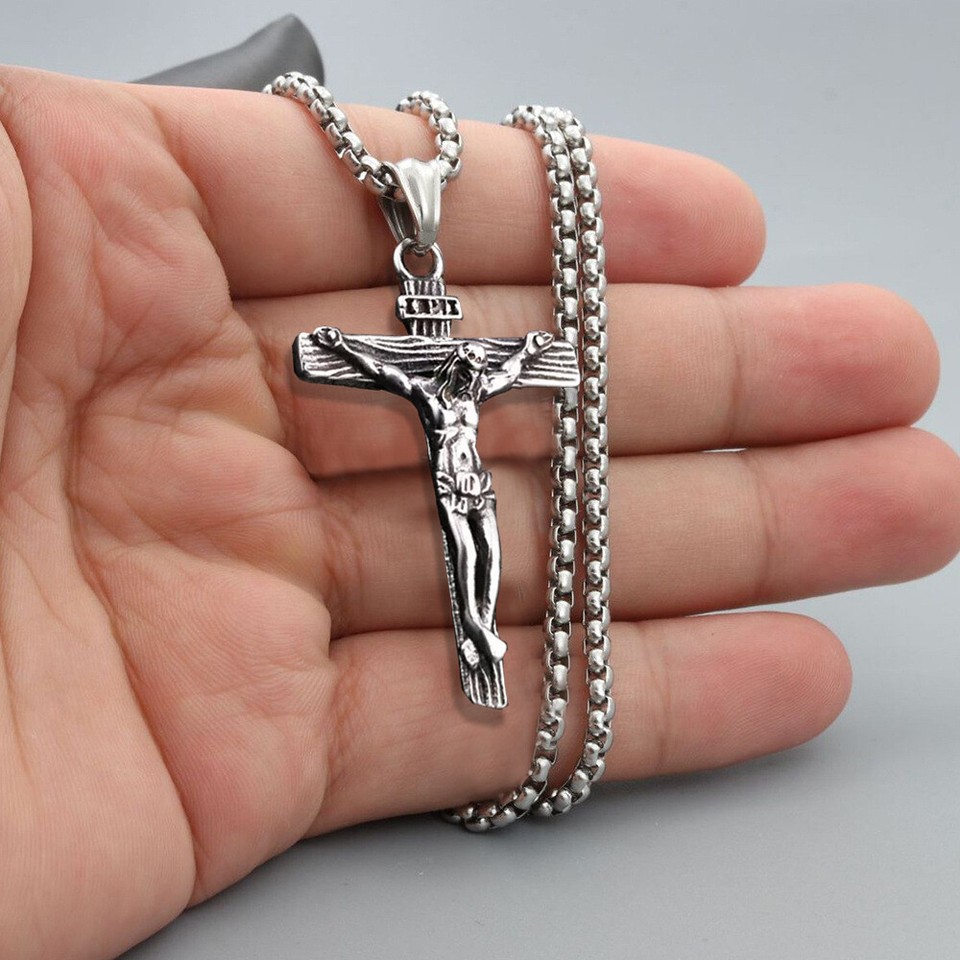 Men Stainless Steel Jesus Christ Crucifix Cross Pendant Chain Necklace ...
