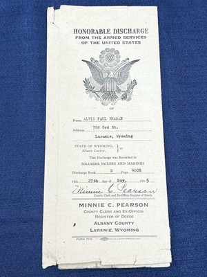 WWII 1945 Honorable Discharge Certificate US United States Military ...
