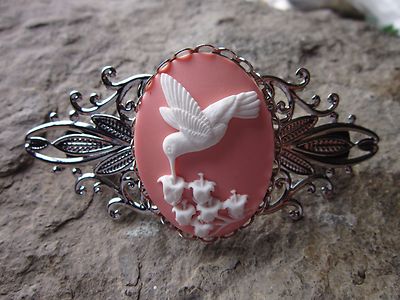 WHITE ON PINK HUMMINGBIRD CAMEO SILVER FILIGREE BARRETTE - BRIDAL ...