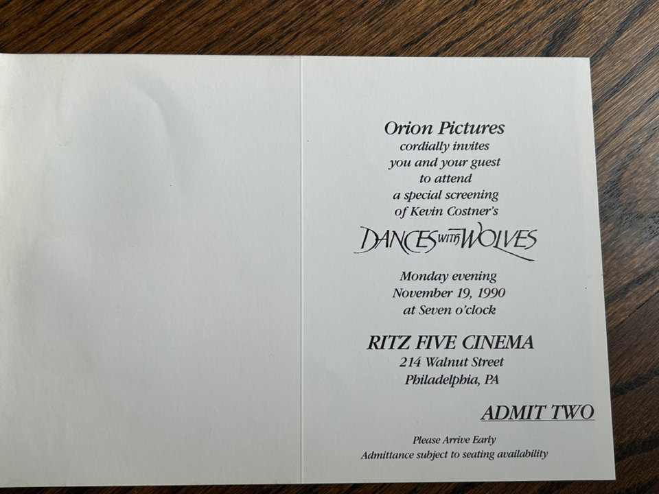 Dances With Wolves Screening Invitation KEVIN COSTNER | eBay