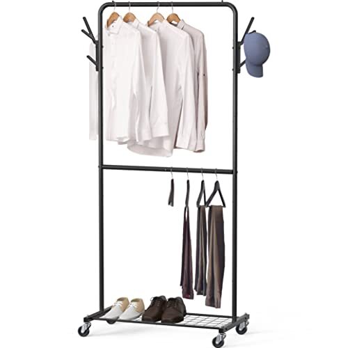 Simple Houseware Double Rod Garment Rack With Wheels and Hooks, Black ...