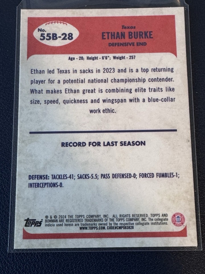 Ethan Burke 2024 Bowman University Chrome 1955 Texas Longhorns #55B-28 ...