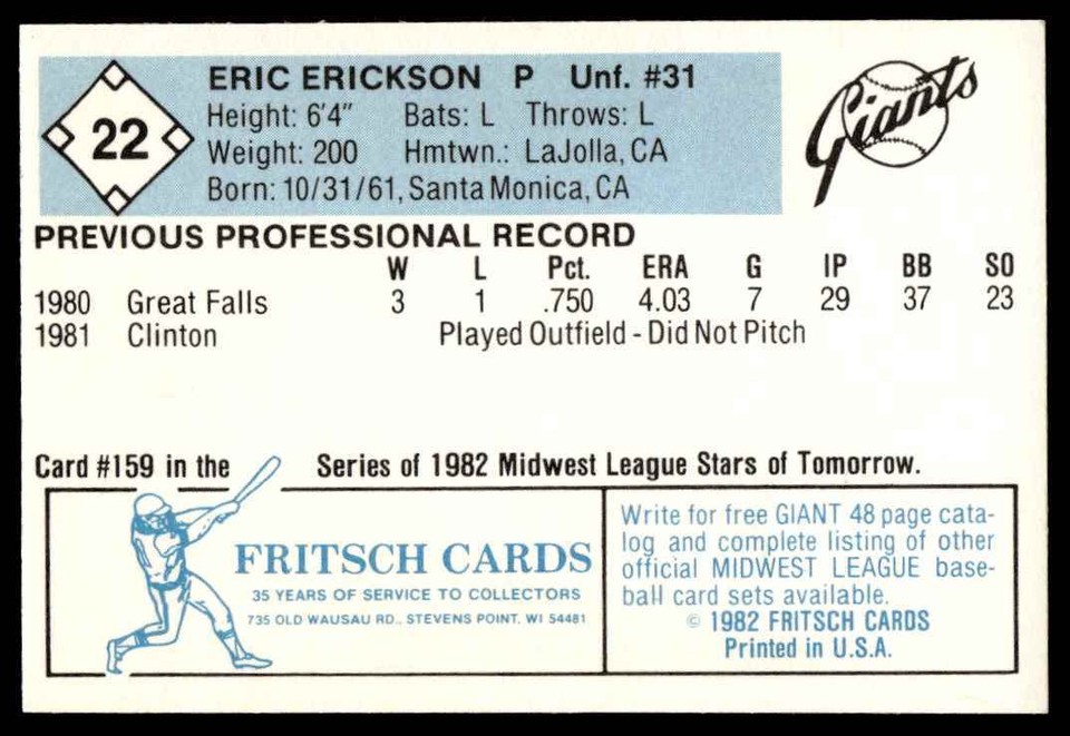 1982 Fritsch Clinton Giants Eric Erickson Clinton Giants #22 | eBay