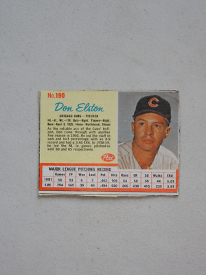 1962 Post Baseball Trading Card # 190 - Don Elston - Chicago Cubs ...