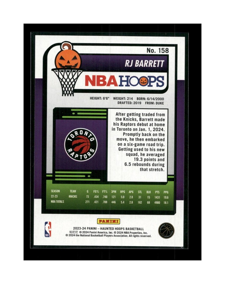 2023-24 Panini Haunted Hoops Basketball RJ Barrett Card #158 Toronto ...