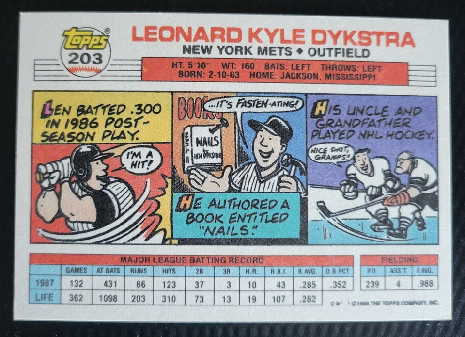 1988 Topps Big LEN DYKSTRA New York Mets MLB Baseball Card #203 Series ...