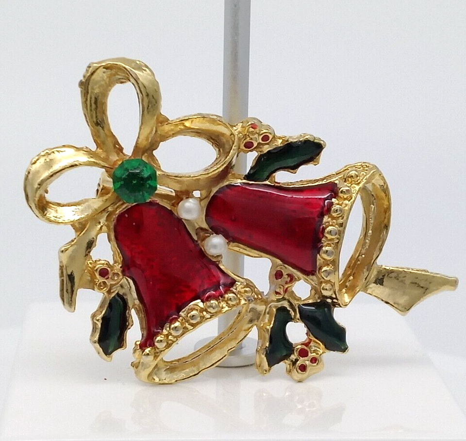 Christmas Bell Brooch Pin Green Rhinestone Faux Pearls Enamel Gold Tone ...