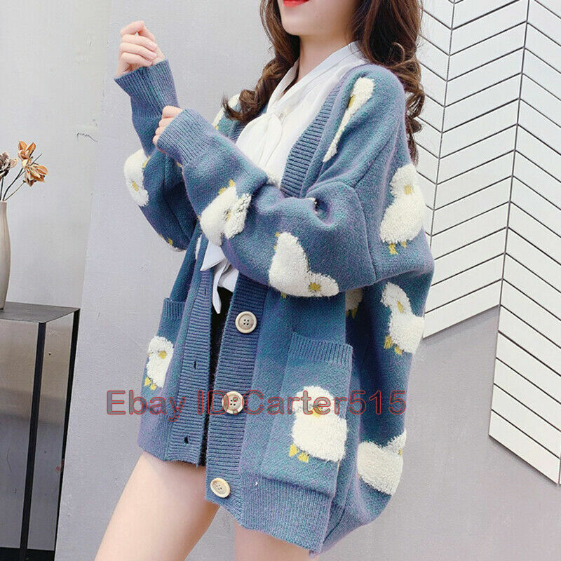 Women Jacket Loose Knit Sweater Cute Cartoon Print V Neck knitted ...