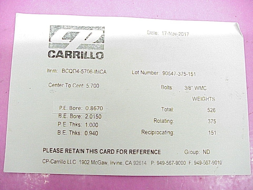 7 New 5.700" Carrillo Bullet Connecting Rods 2.015" Bore for SB Chevy ...