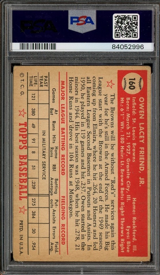 1952 Topps #160 Owen Friend St. Louis Browns PSA 2.5 GOOD+ | eBay