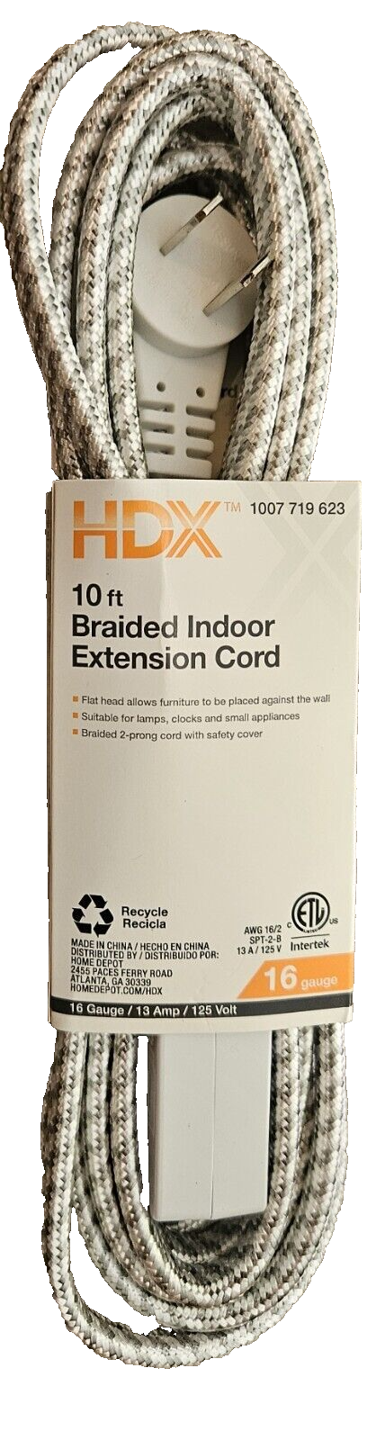 HDX 10 ft. 16-Gauge/2 White Braided Extension Cord Indoor Use 3 Outlets ...