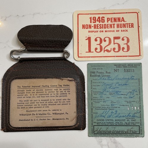 Rare 1946 Pennsylvania Penna Non-Resident Hunter Hunting License w ...