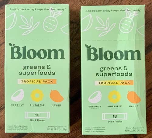 Lot of 2 - Bloom Greens & Superfoods - Tropical Pack - 18 Sticks. Exp ...