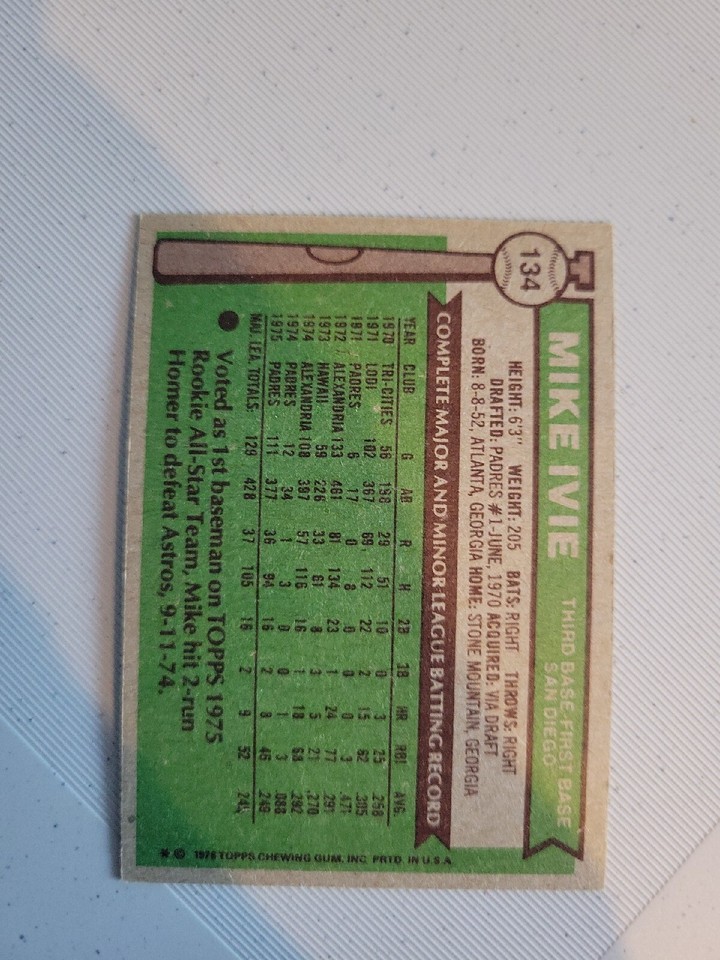 1976 Topps Mike Ivie San Diego Padres #134 A10b | eBay