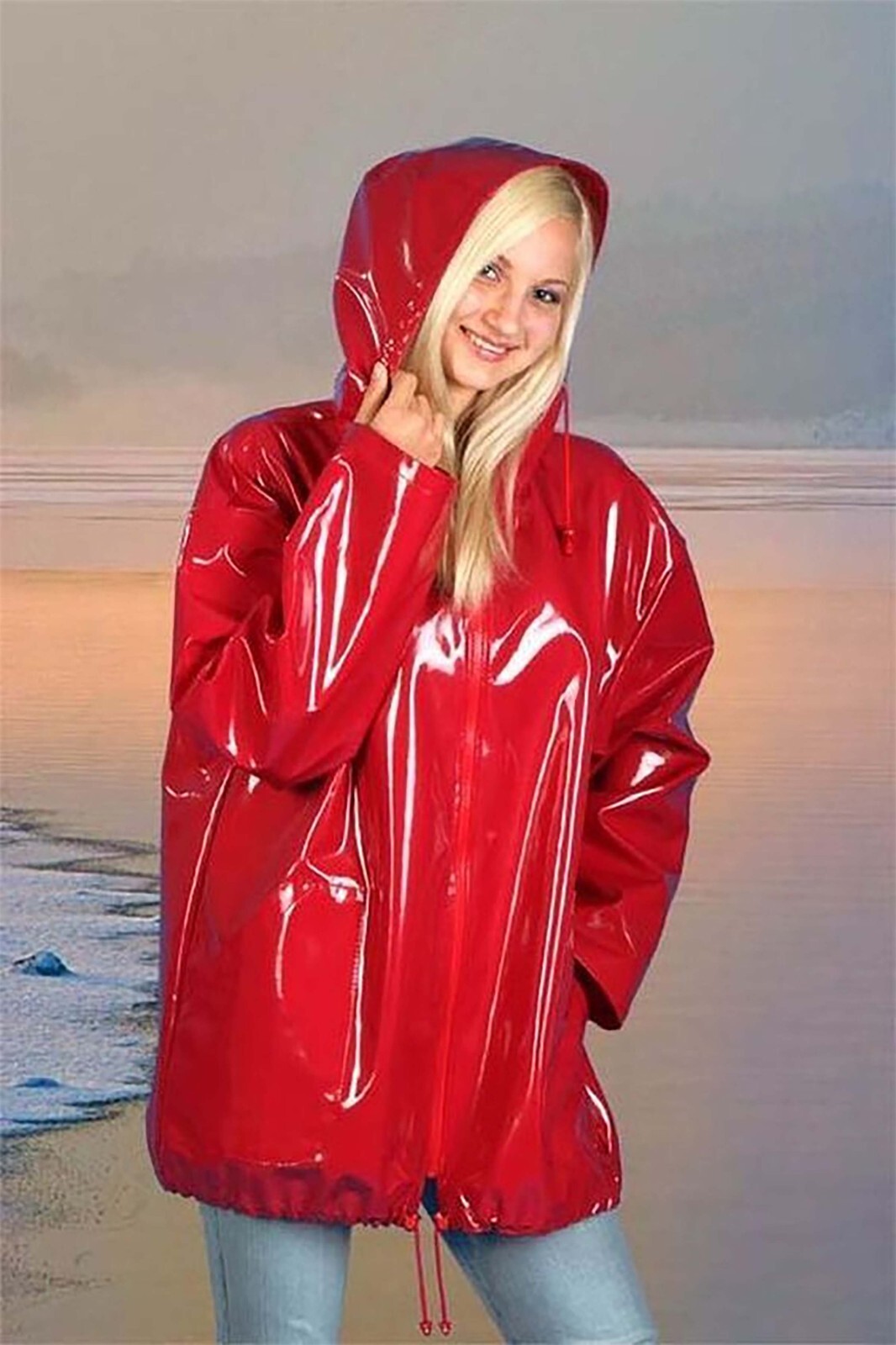 Women Red PVC VINYL TRENCH RAIN COAT JACKET HOODIE -Waterproof Punk ...