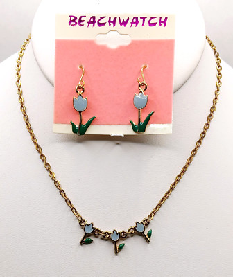 Blue Flowers Tulips 14 in. Gold Tone Chain Necklace & Pierced Earrings ...