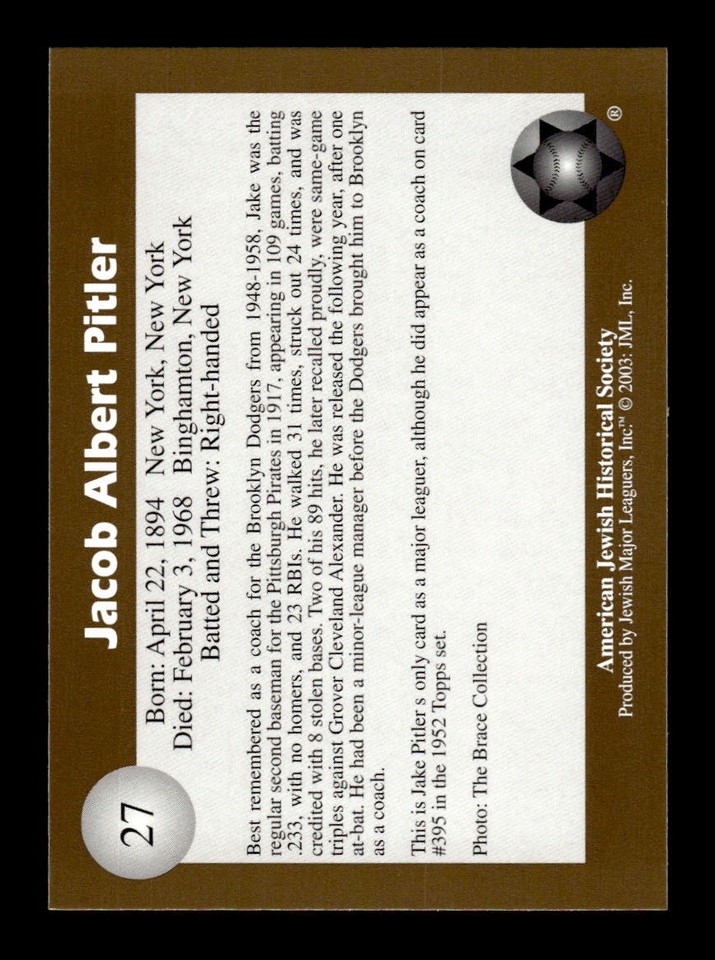 2003 Jewish Major Leaguers #27 Jake Pitler Gold Edition Only 500 Made ...