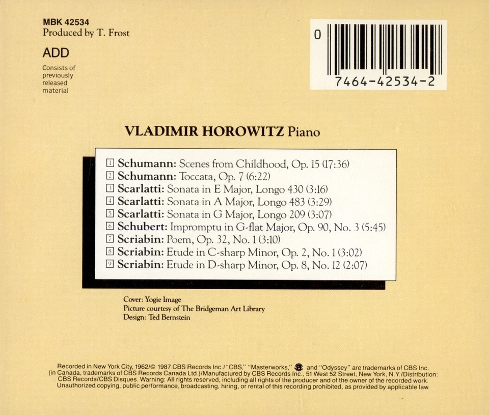 Horowitz Recital by Vladimir Horowitz, piano (CD, 1987, CBS Odyssey) | eBay