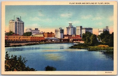 Flint Michigan MI, 1949 Flint River and Skyline, Buildings, Vintage ...