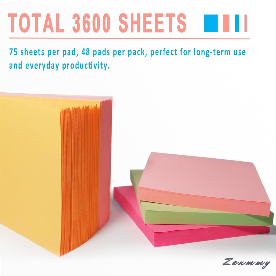 Sticky Notes 3x3 Inches, Self-Stick 48 Pads Bulk, 8 Bright Colors ...