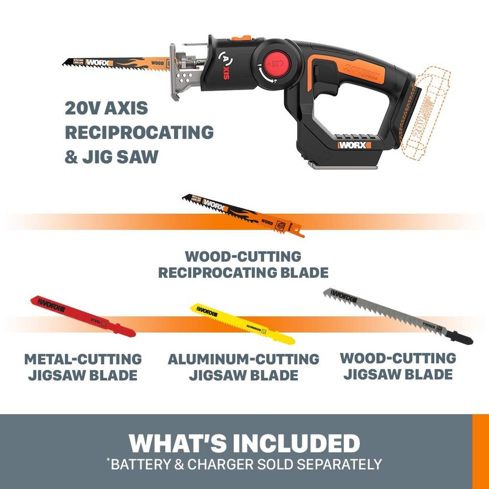 Worx WX550L.9 20V Power Share Axis Cordless Reciprocating & Jig Saw ...
