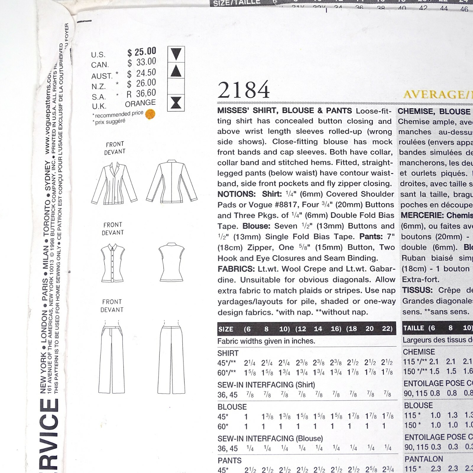 Vogue Calvin Klein 2184 Sewing Pattern Shirt, Blouse and Pants 6 - 10 ...