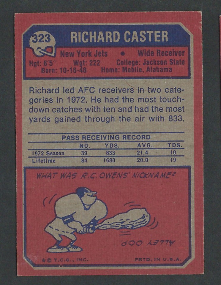 1973 TOPPS #323 RICHARD CASTER New York Jets CREASE FREE - 04 | eBay